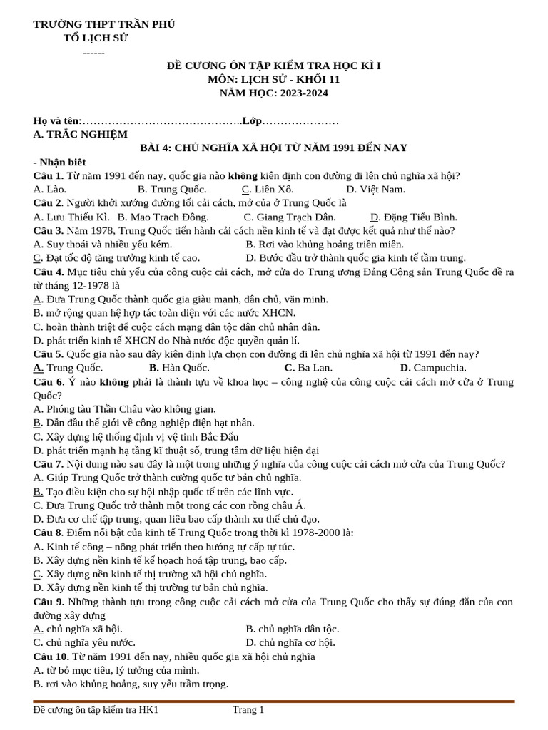ĐỀ CƯƠNG ÔN TẬP KT HK1 23 24 GV | PDF