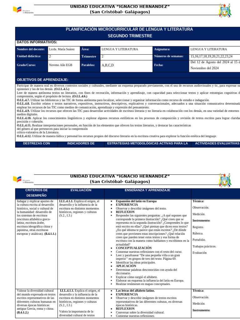 9no - Lengua y Literatura Segundo Trimestre | PDF