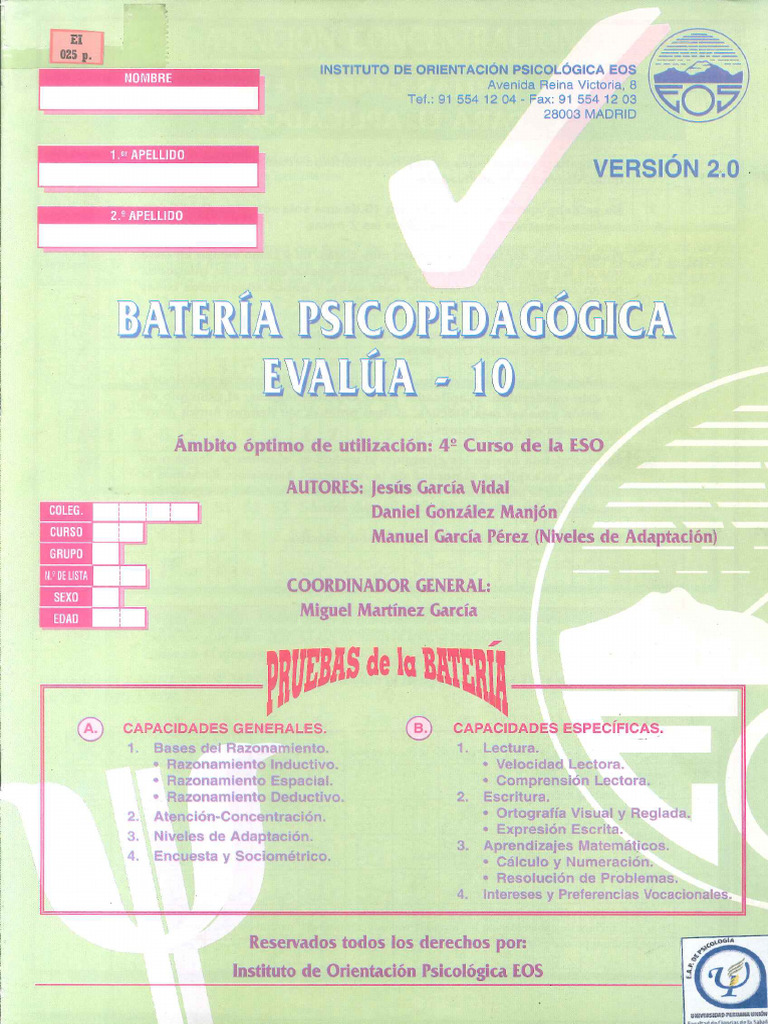 Bateria Psicopedagogica Evalua 10 | PDF