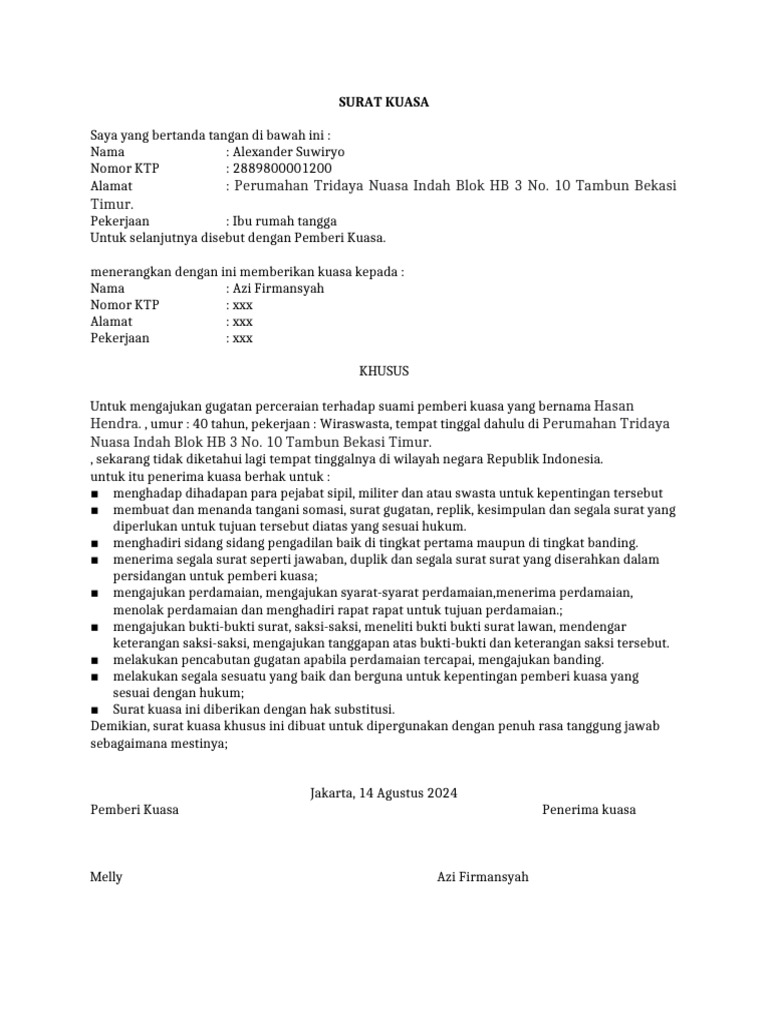 Contoh Surat Kuasa Khusus Perceraian | PDF