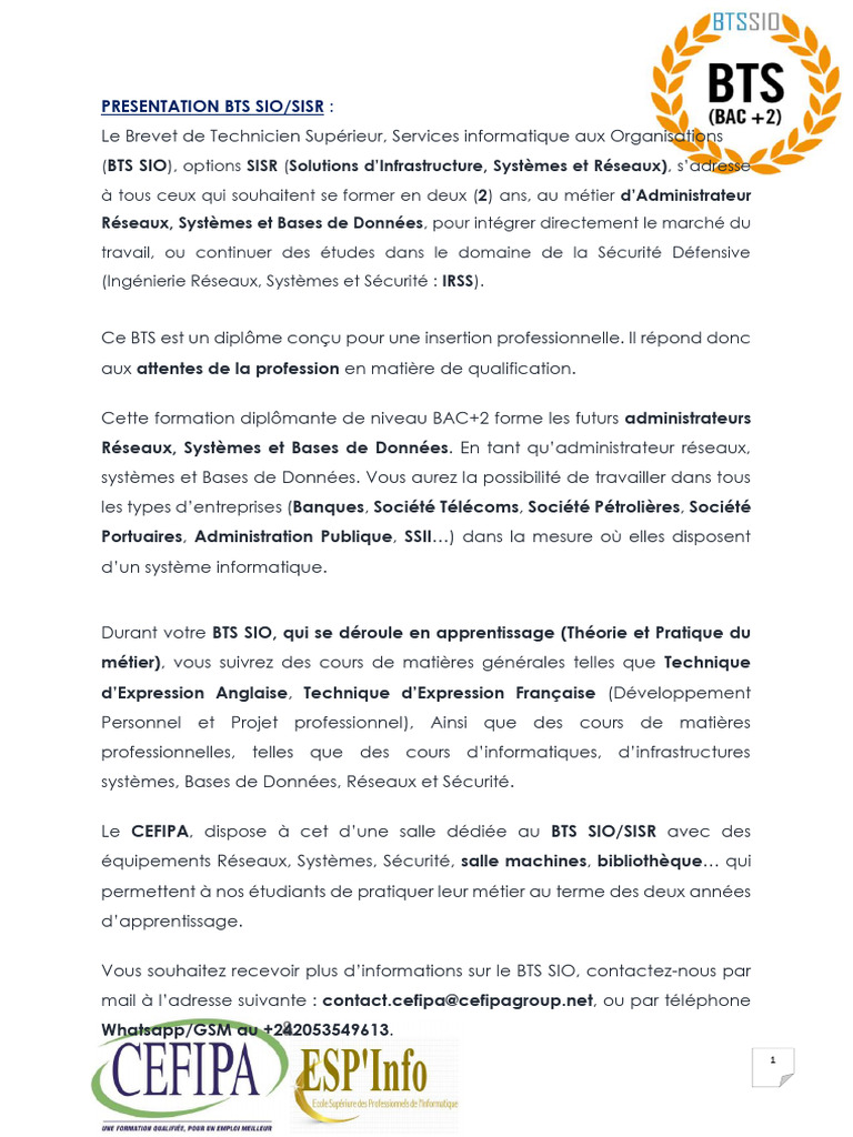 PRESENTATION BTS SIO Et BACHELOR SSR | PDF