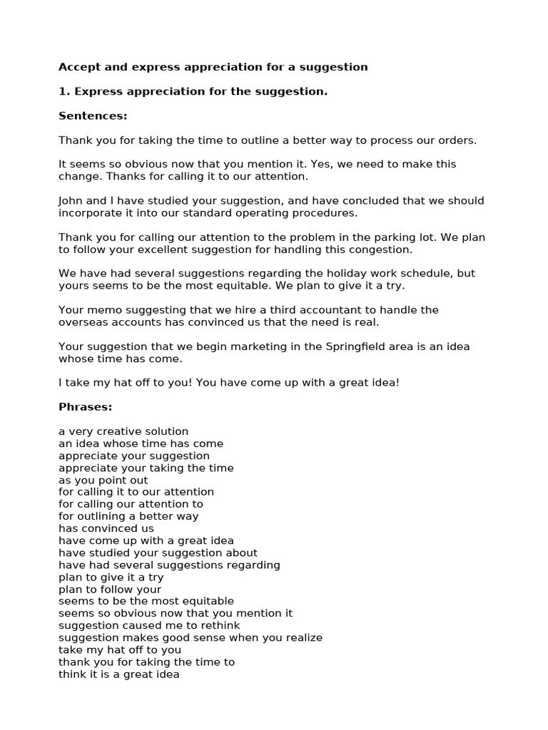 Accept and Express Appreciation For A Suggestion | PDF