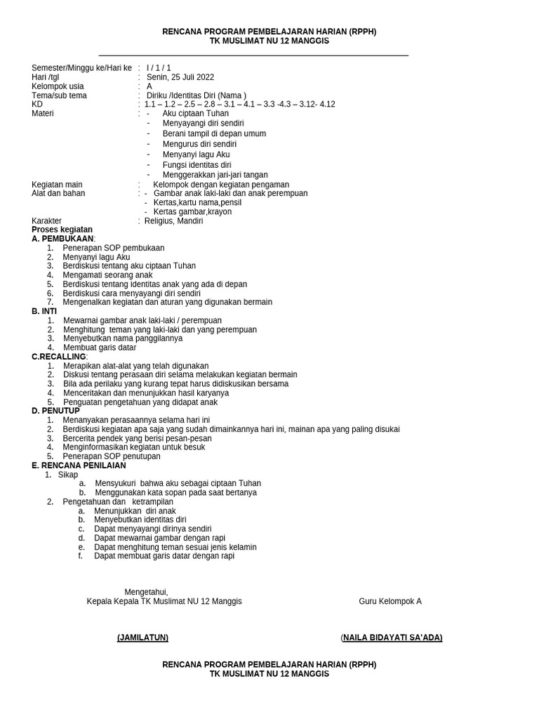 RPPH Tema Diriku 4-5 Tahun Semester I | PDF