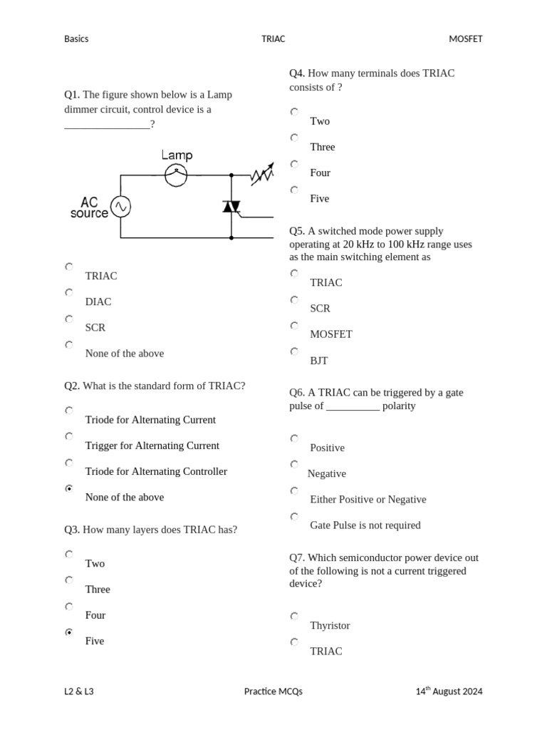 TRIAC, MOSFET Practice MCQs | PDF
