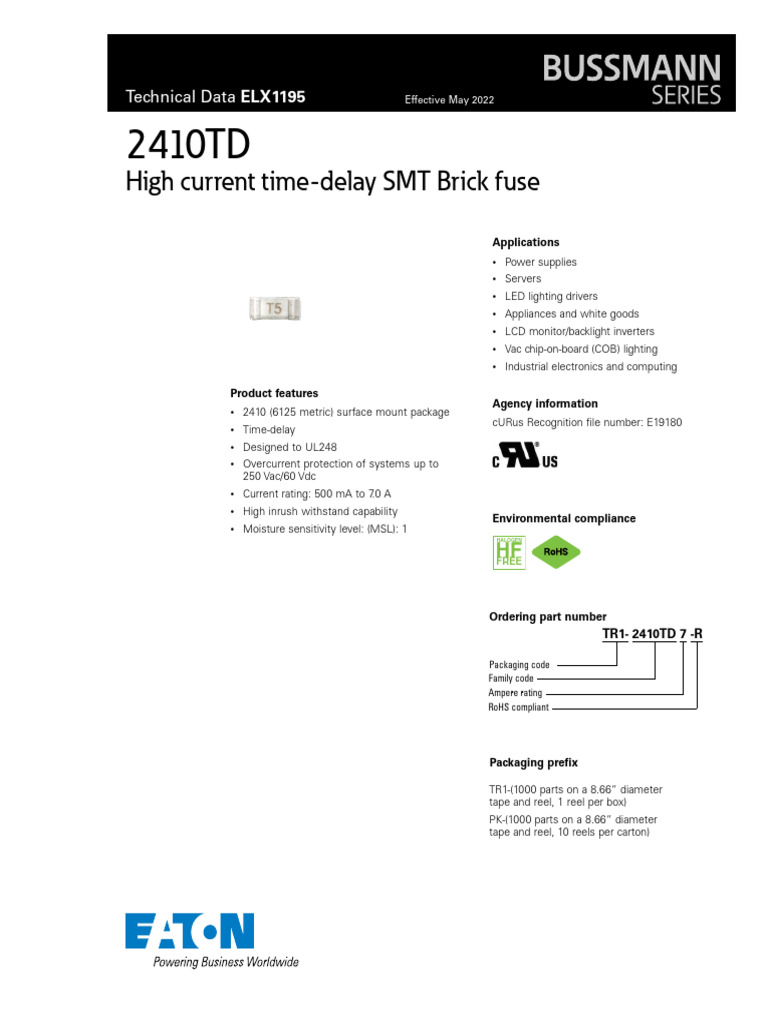 2410td High Current Fast Acting SMT Brick Fuse Data Sheet Elx1195 en | PDF