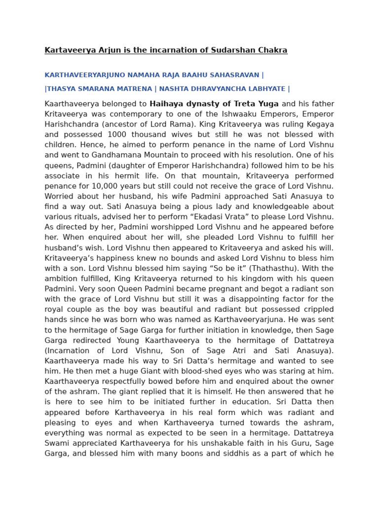 Kartaveerya Arjun is the incarnation of Sudarshan Chakra | PDF