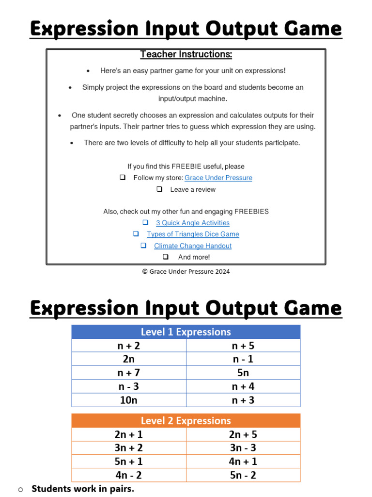 Expression Input Output Game: Teacher Instructions | PDF