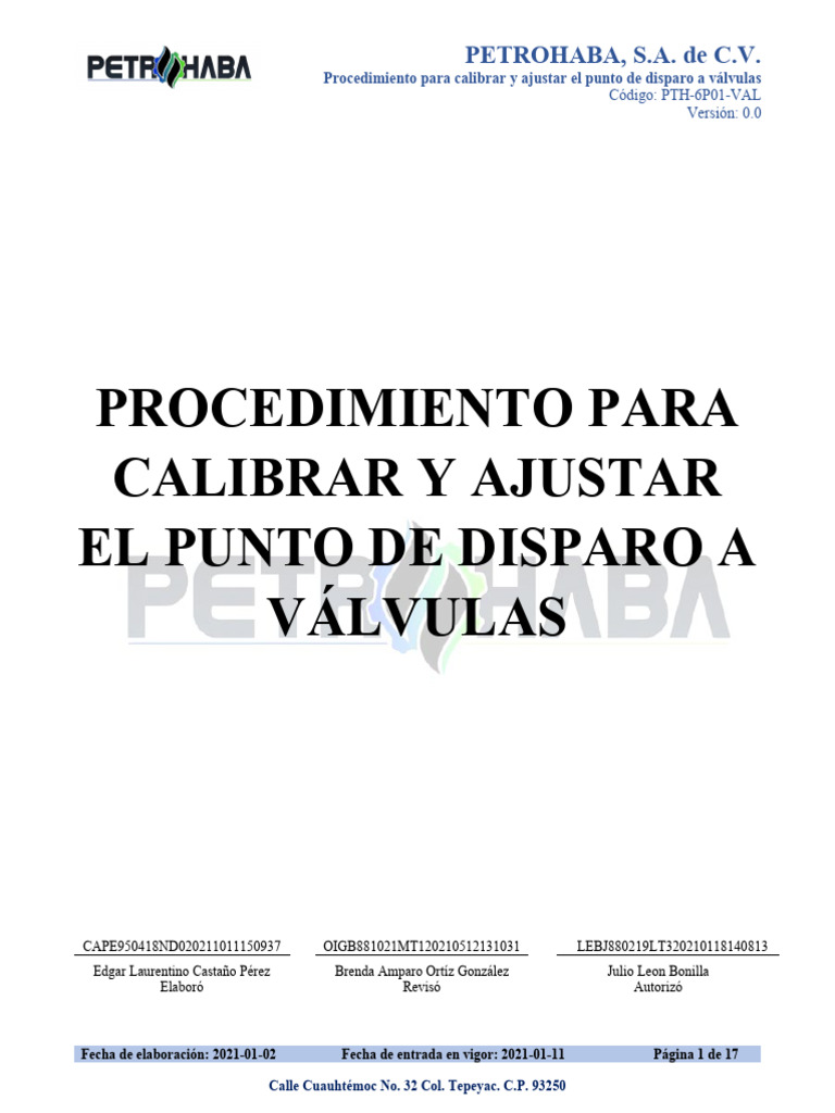 PTH-6P01-VAL Procedimiento para Calibrar y Ajustar Valvulas Conforme A La NOM-093-SFI Firma | PDF