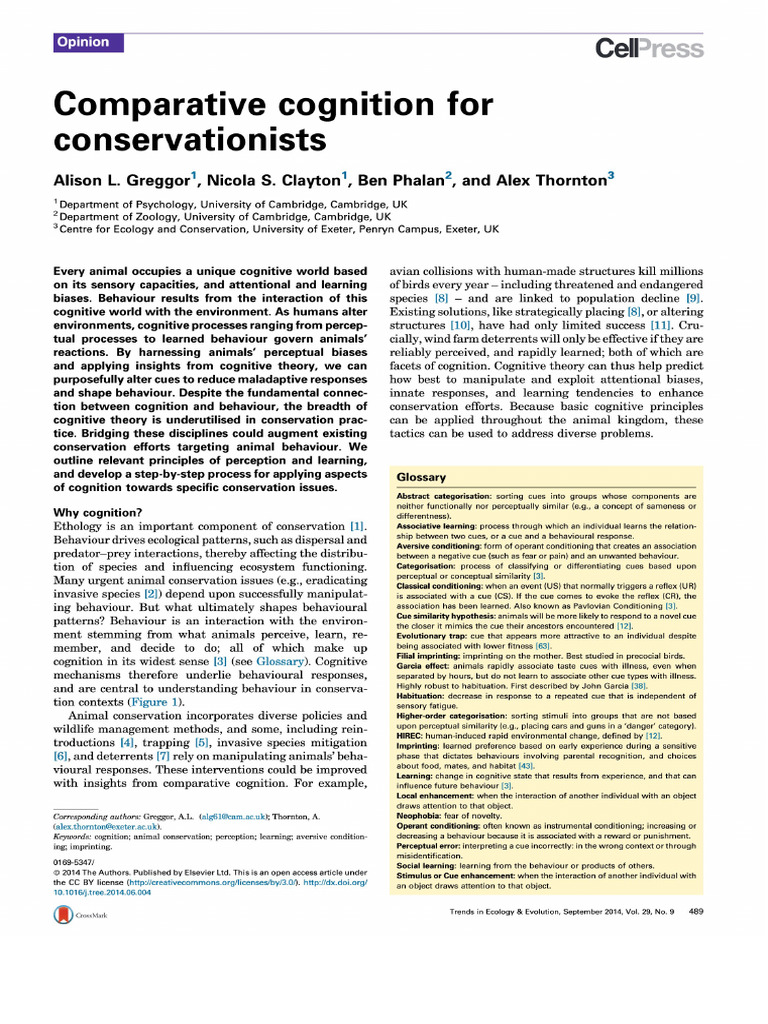 Comparative Cognition For Conservationists | PDF