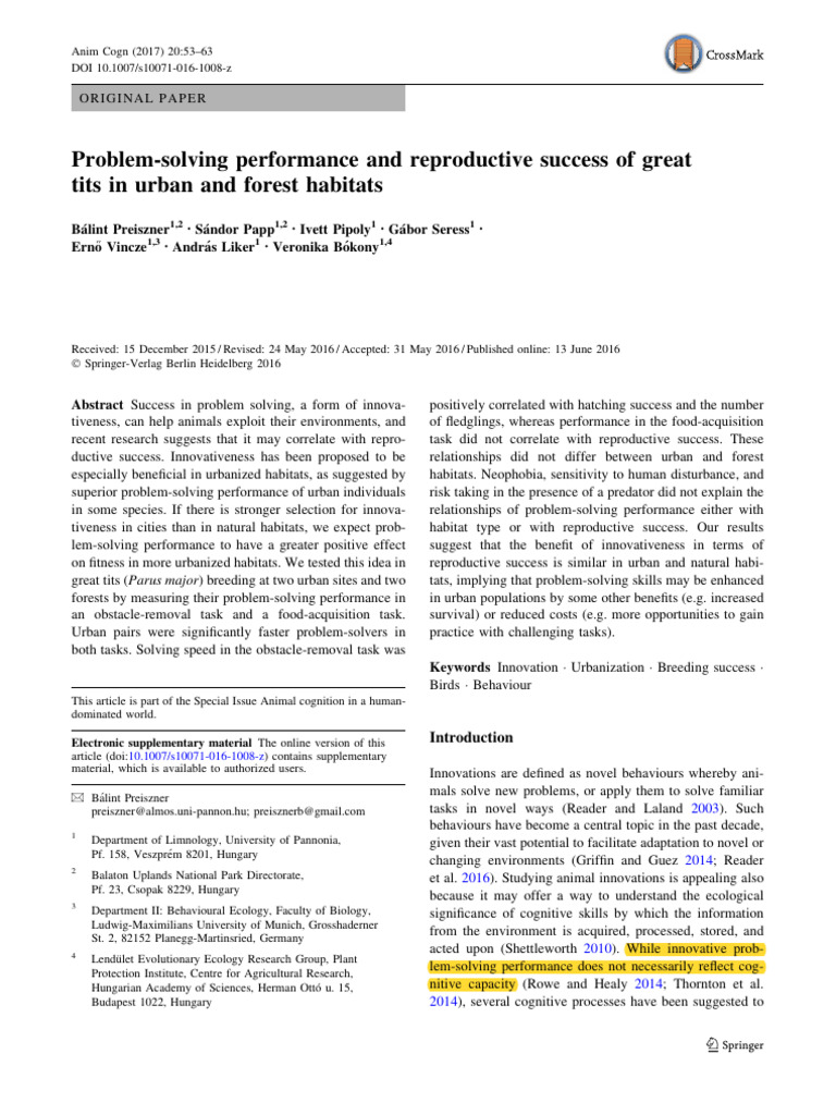 Problem-Solving Performance and Reproductive Success of Great | PDF