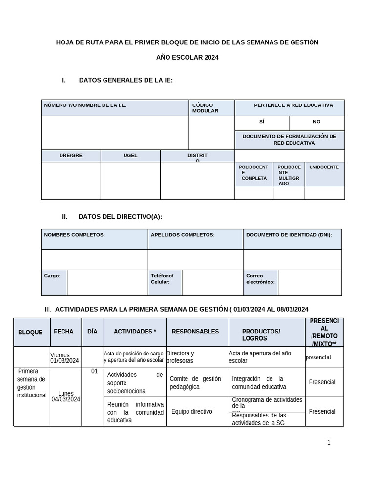 Hoja de Ruta para El Primer Bloque de Inicio de Las Semanas de Gestión Año Escolar 2024 | PDF
