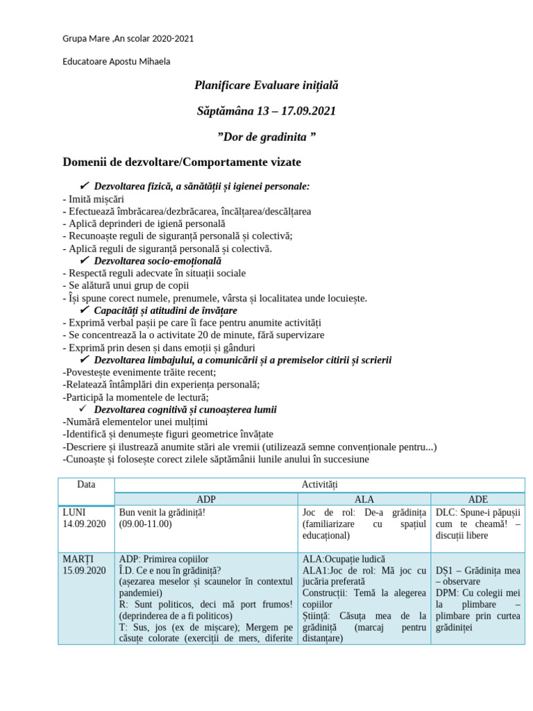 Evaluare Initiala Grupa Mare | PDF