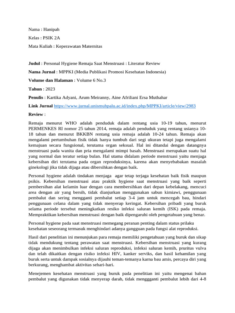 Tugas Keperawatan Maternitas (Review Jurnal) Hanipah - Psik 2a | PDF