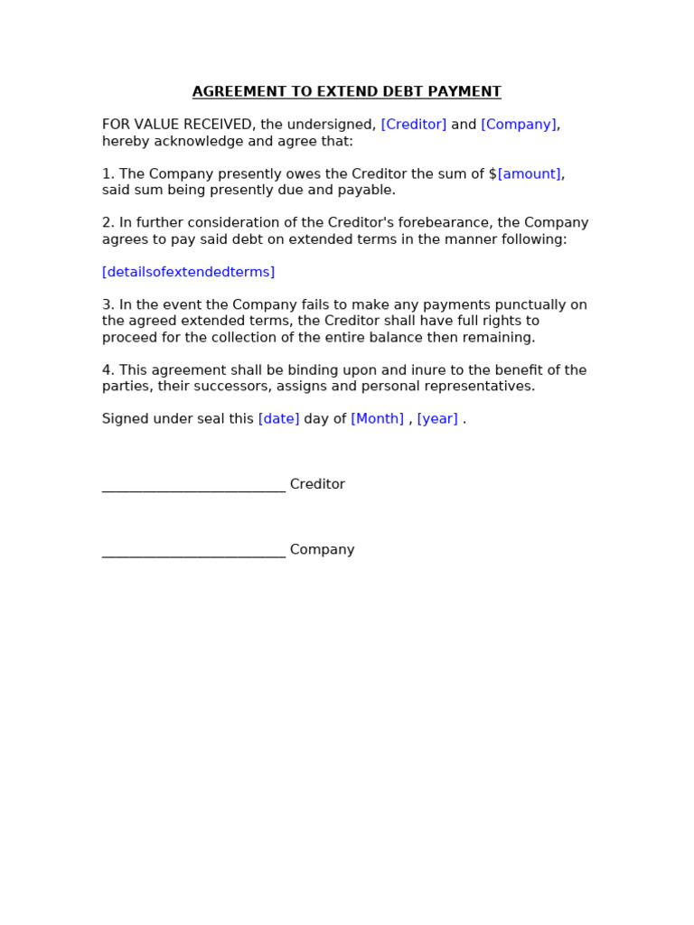Agreement To Extend Debt Payment | PDF