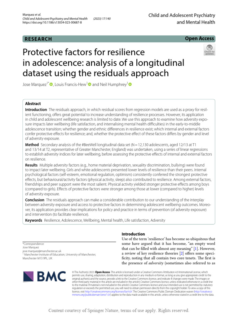 Protective Factors For Resilience in Adolescence A | PDF