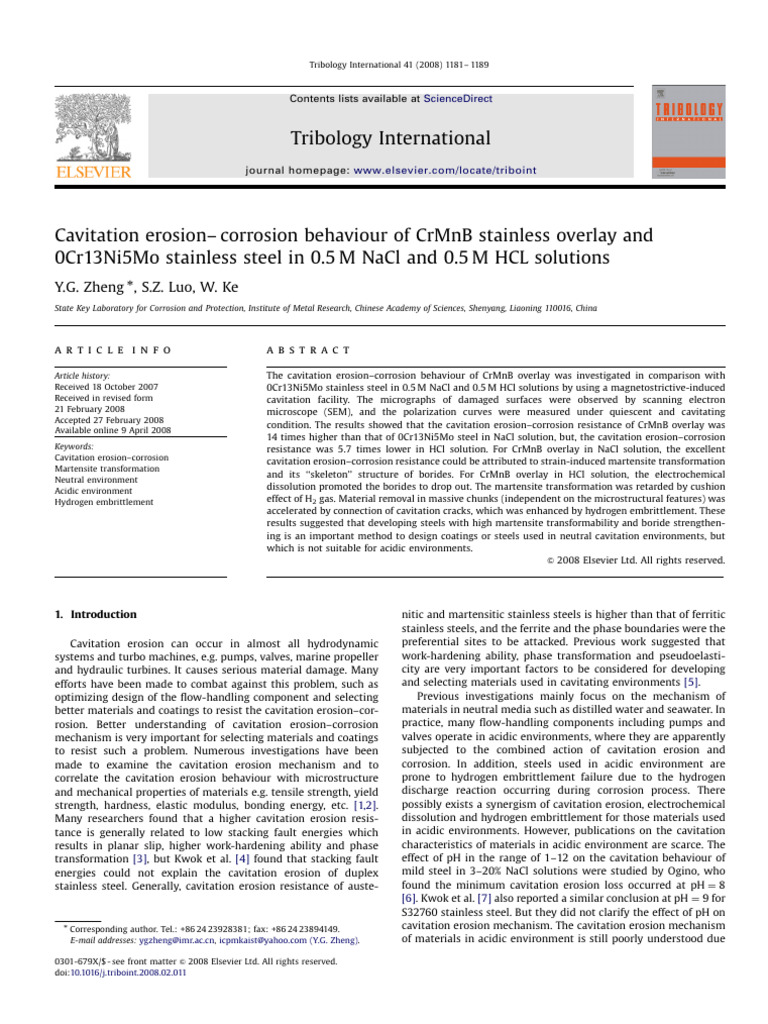Cavitation Erosion-Corrosion Behaviour of CRMNB Stainless Overlay and ...