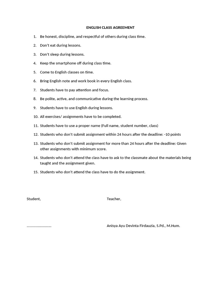 ENGLISH CLASS AGREEMENT (1) | PDF