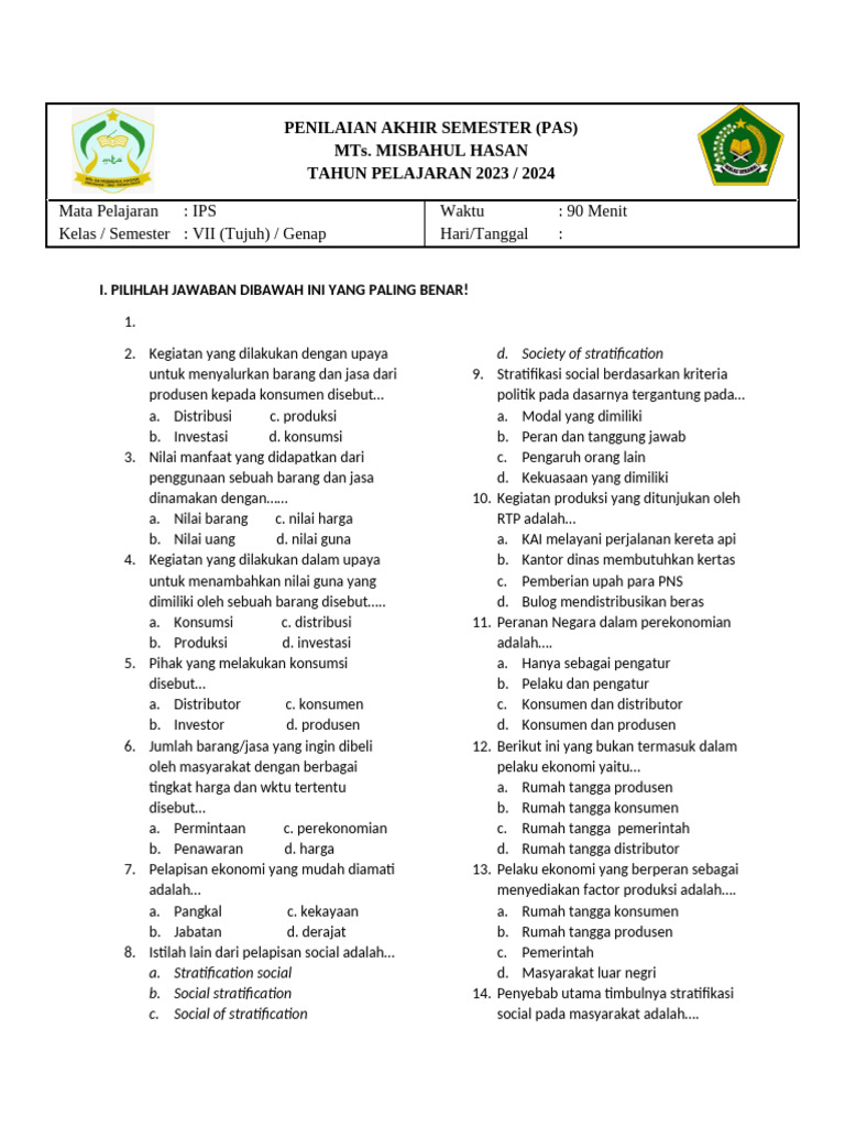 SOAL UTS Kls 7 2024 | PDF
