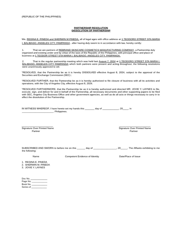 Partnership Resolution Dissolution | PDF