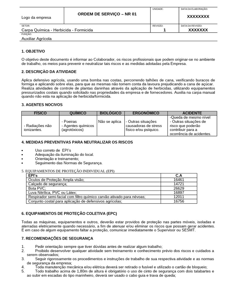 MODELO de Ordem de Serviço_NR 01_Auxiliar Agrícola - Aplicação ...