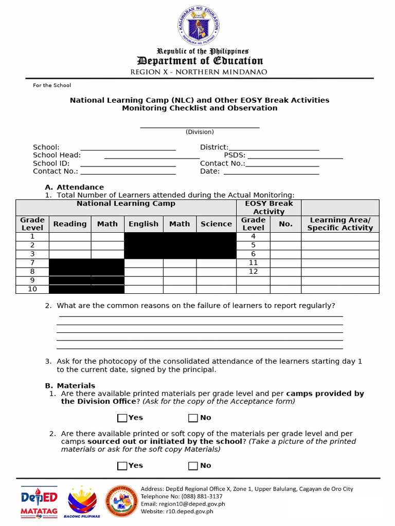 Regional NLC Monitoring For Schools | PDF | Teachers | Learning