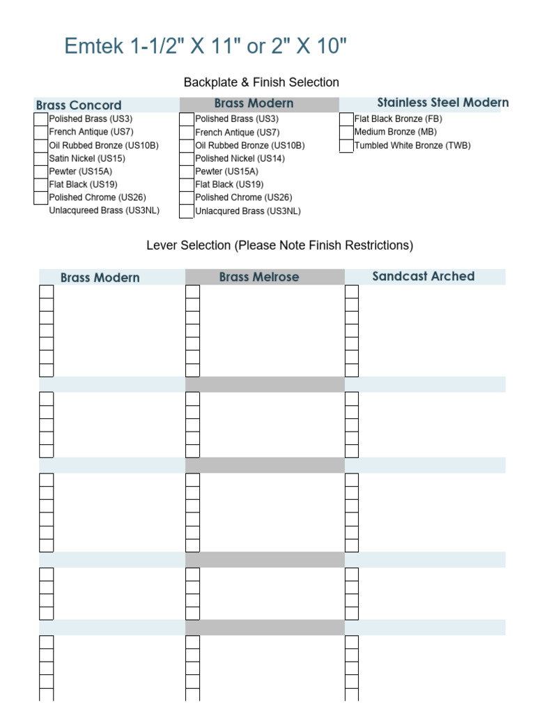 Emtek Small Plate Order Checklist | PDF