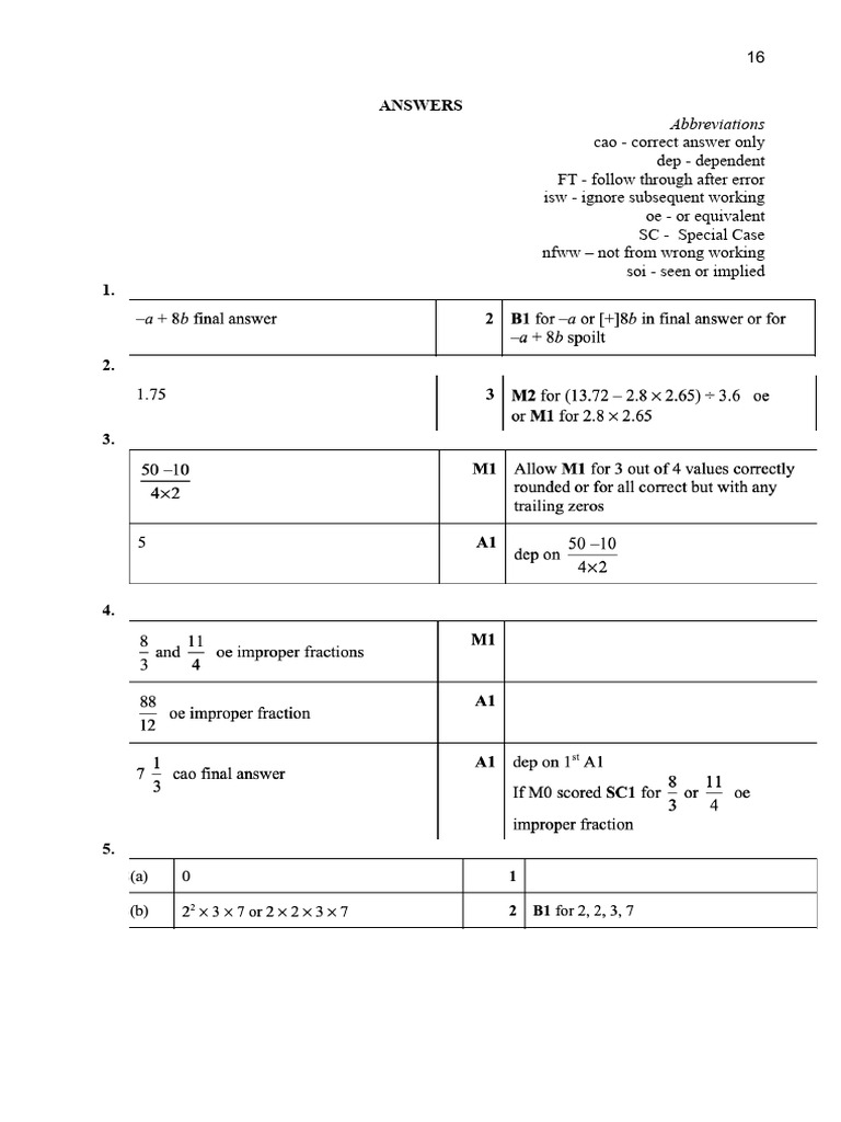MOCK PAPER EXAMINATION – MATHEMATICS_SA1-answerkey | PDF