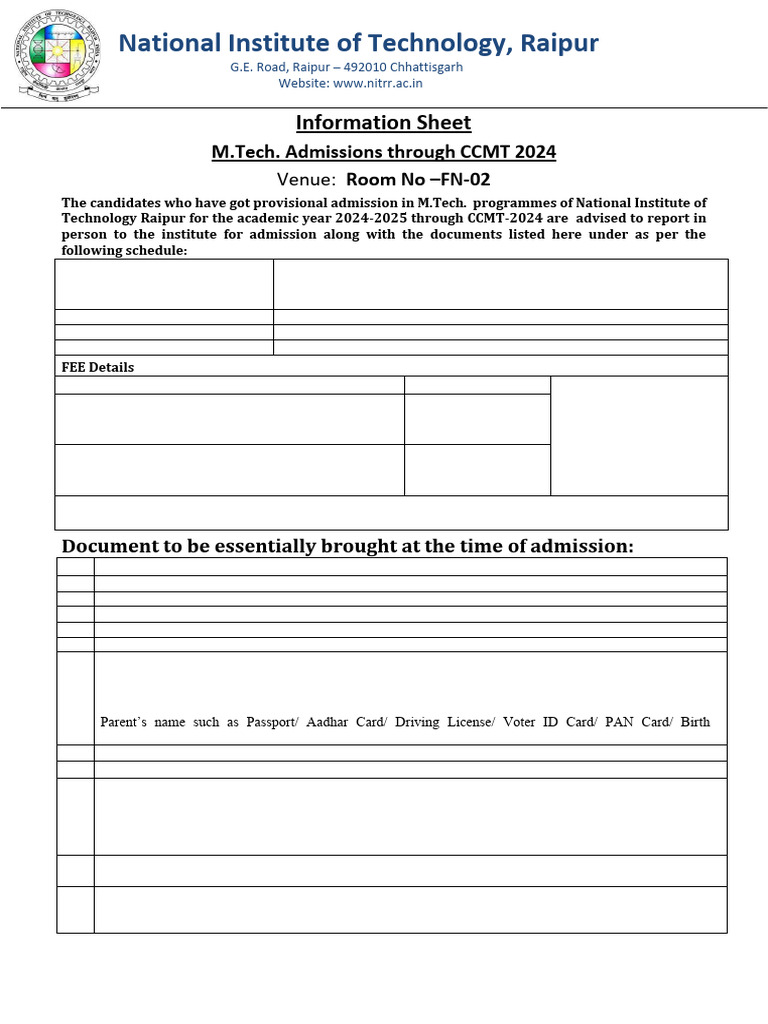 Information Sheet M.Tech. - 2024-25 | PDF