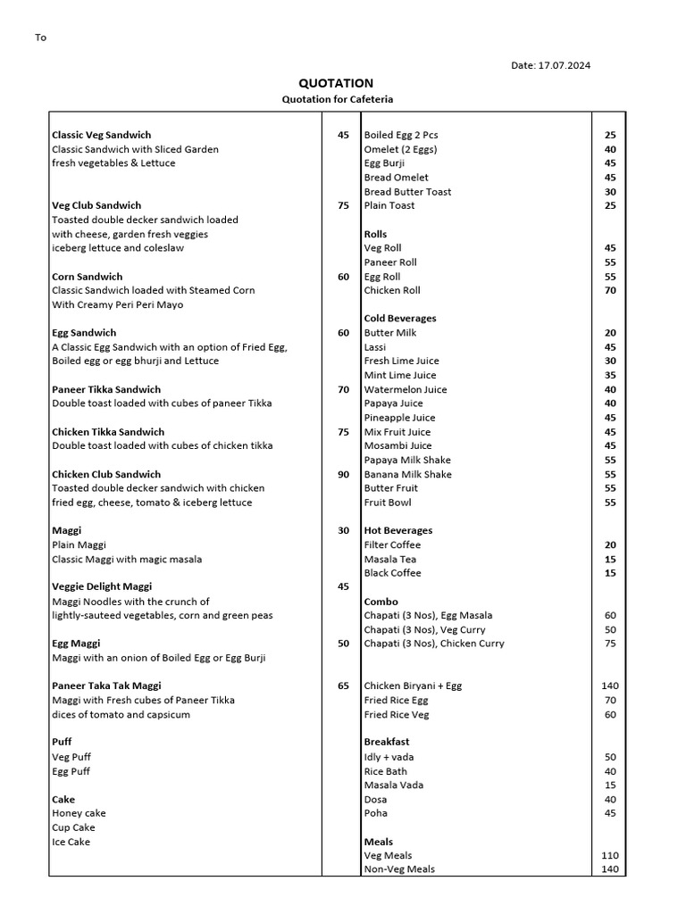 Zepto Cafeteria Menu | PDF