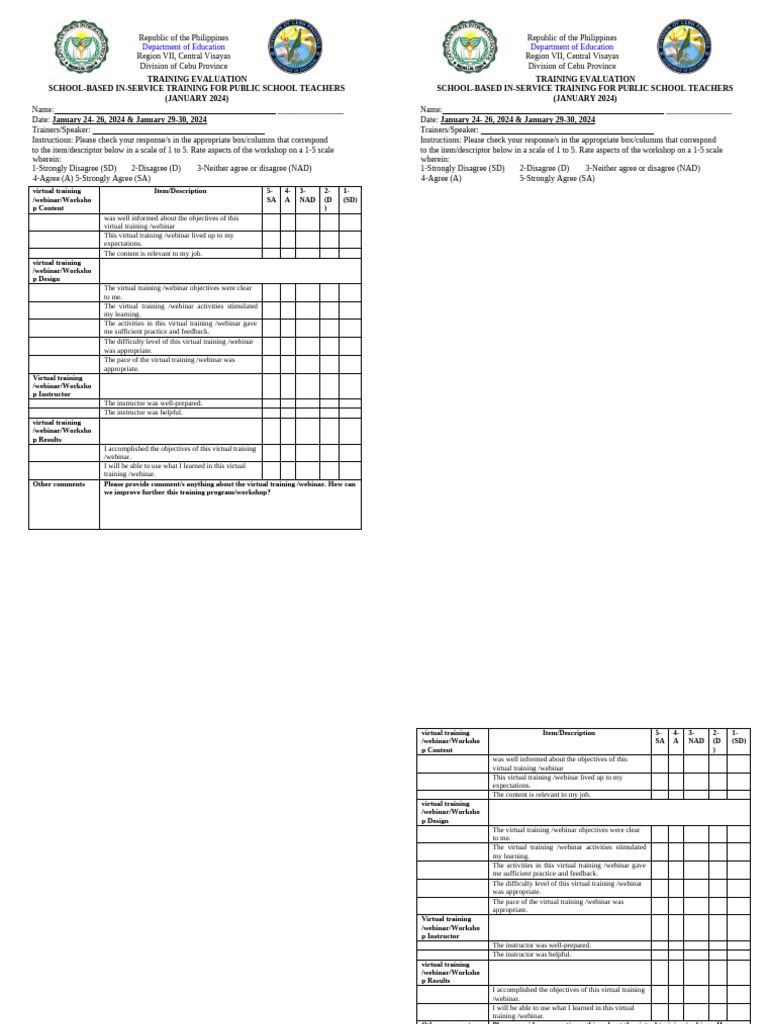 Blank Training Evaluation Inset | PDF