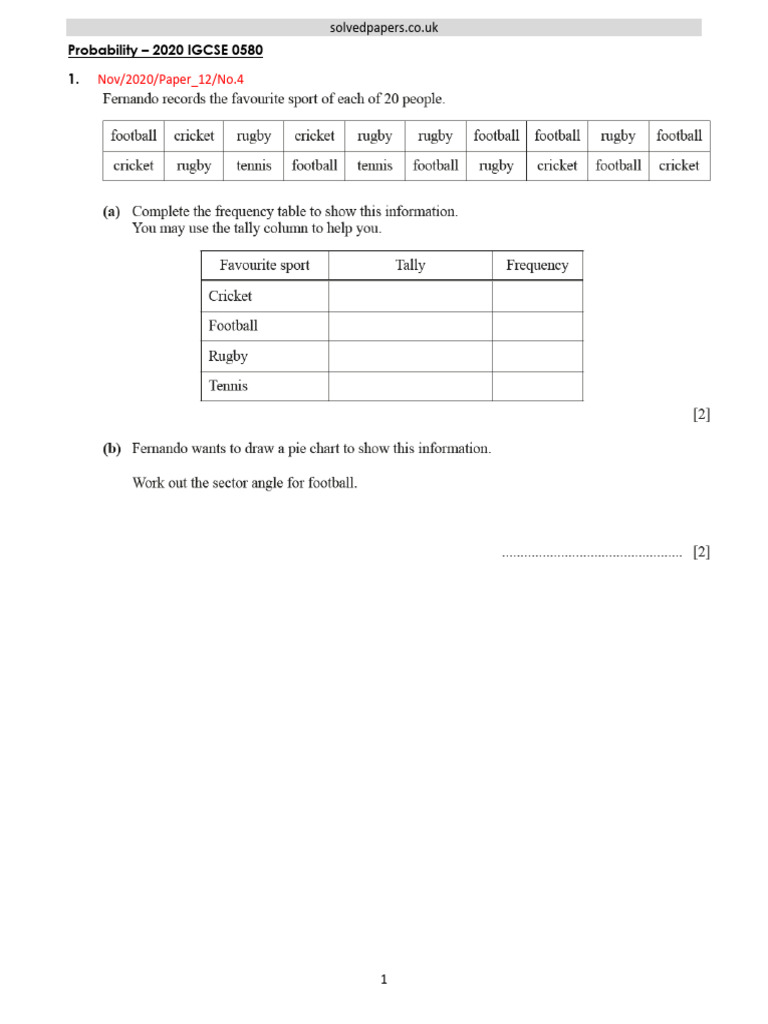 2020 Probability IGCSE 0580 | PDF