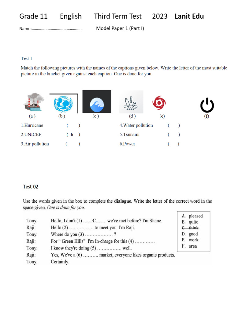 Grade 11 English Third Term Test ! Part 1023 | PDF