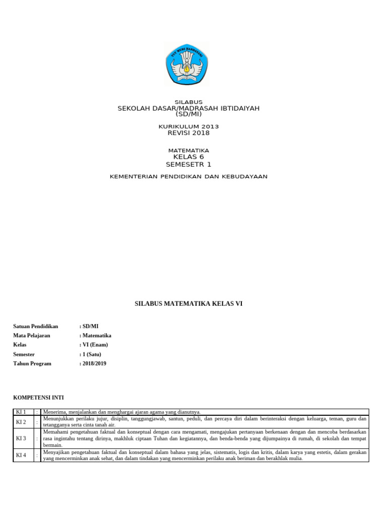 Silabus Matematika Kelas 6 Semester 1 | PDF