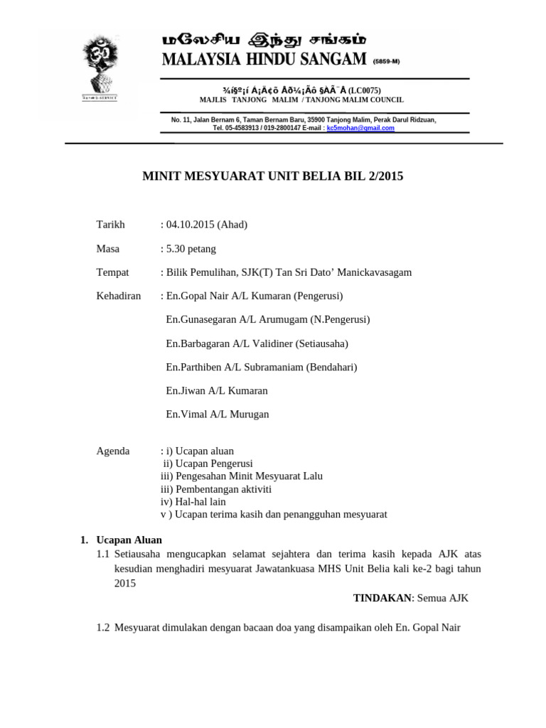 Minit Mesyuarat Unit Belia Bil 2 | PDF