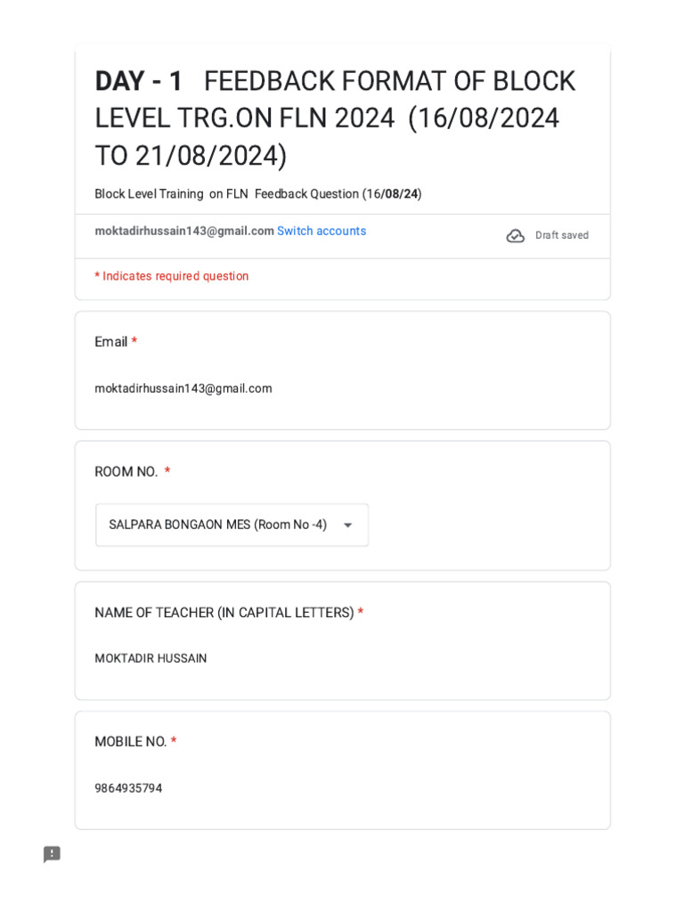 Day - 1 Feedback Format of Block Level TRG - On FLN 2024 (16 - 08 - 2024 To 21 - 08 - 2024) | PDF