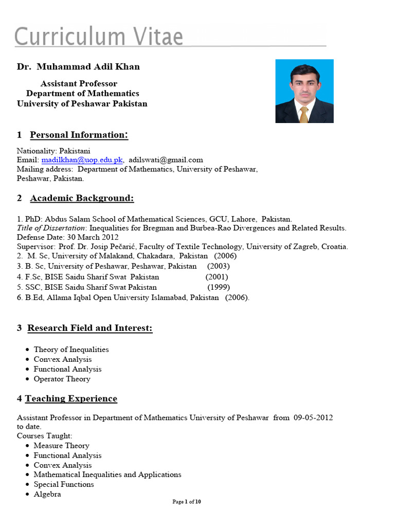 Muhammad Adil Khan Jani CV | PDF | Mathematics | Pakistan