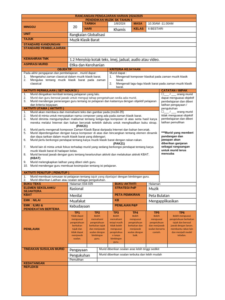 M19 RPH Pendidikan Muzik THN 6 2024-2025 by Cikgu Gorgeous | PDF