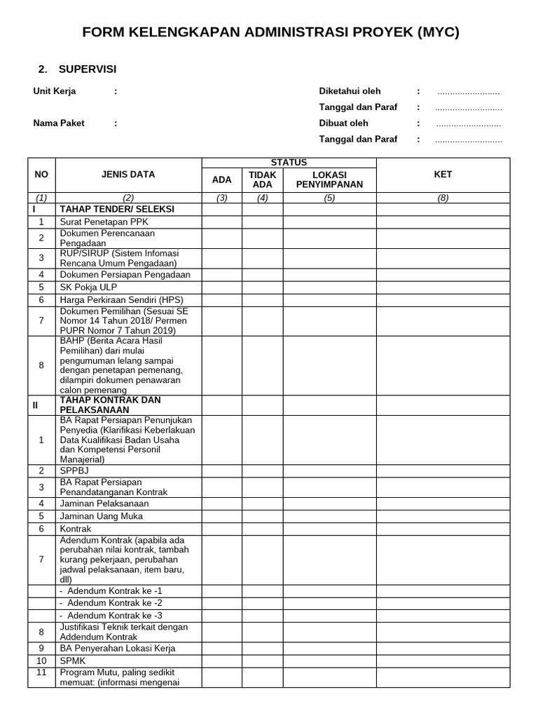 FORM KELENGKAPAN ADMINISTRASI PROYEK-SPV (MYC) Edit Bu Sri | PDF