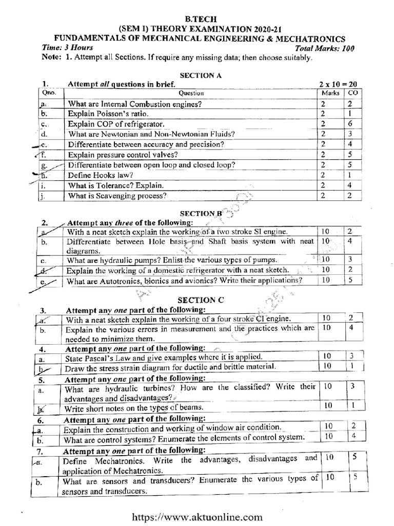 Btech 1 Sem Fundamentals of Mechanical Engineering and Mechatronics 2021 | PDF