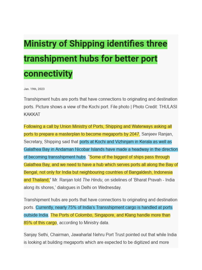 Ministry of Shipping Identifies Three Transhipment Hubs For Better | PDF
