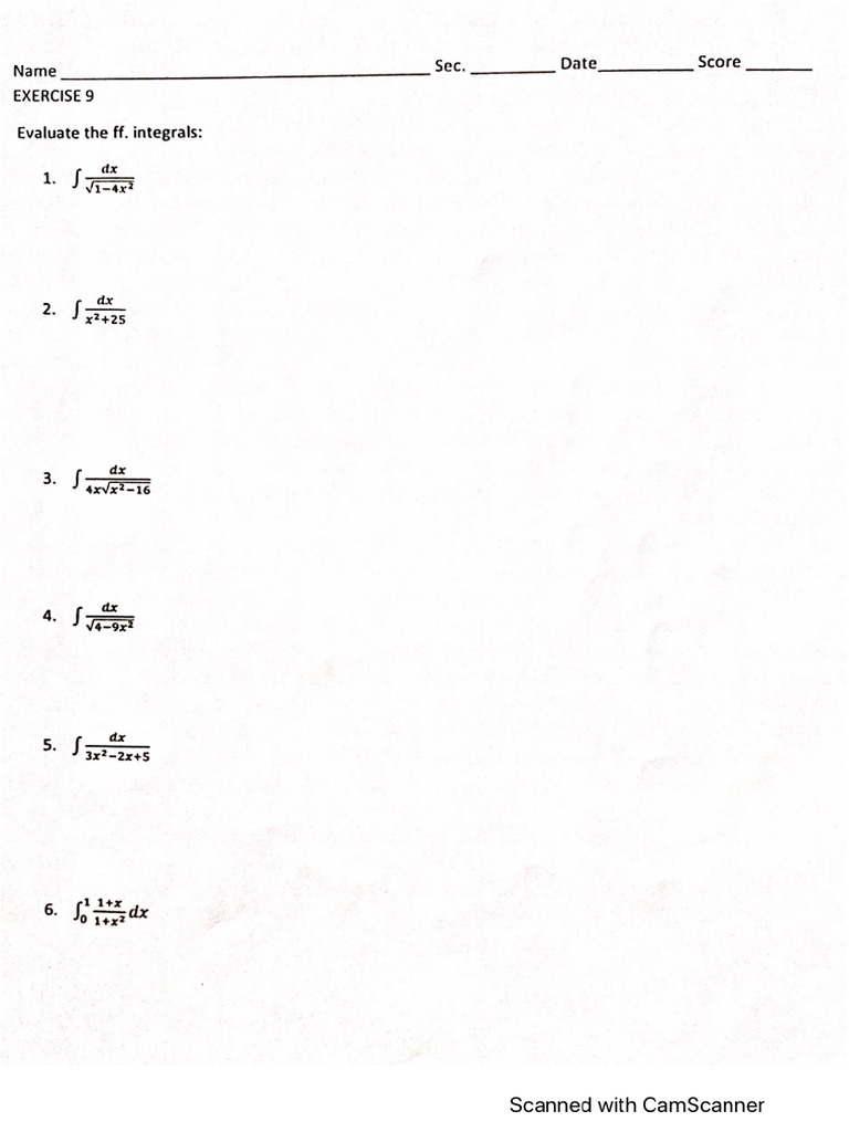 5.4 Integration that Yields Inverse Trigonometric Functions Worksheet | PDF