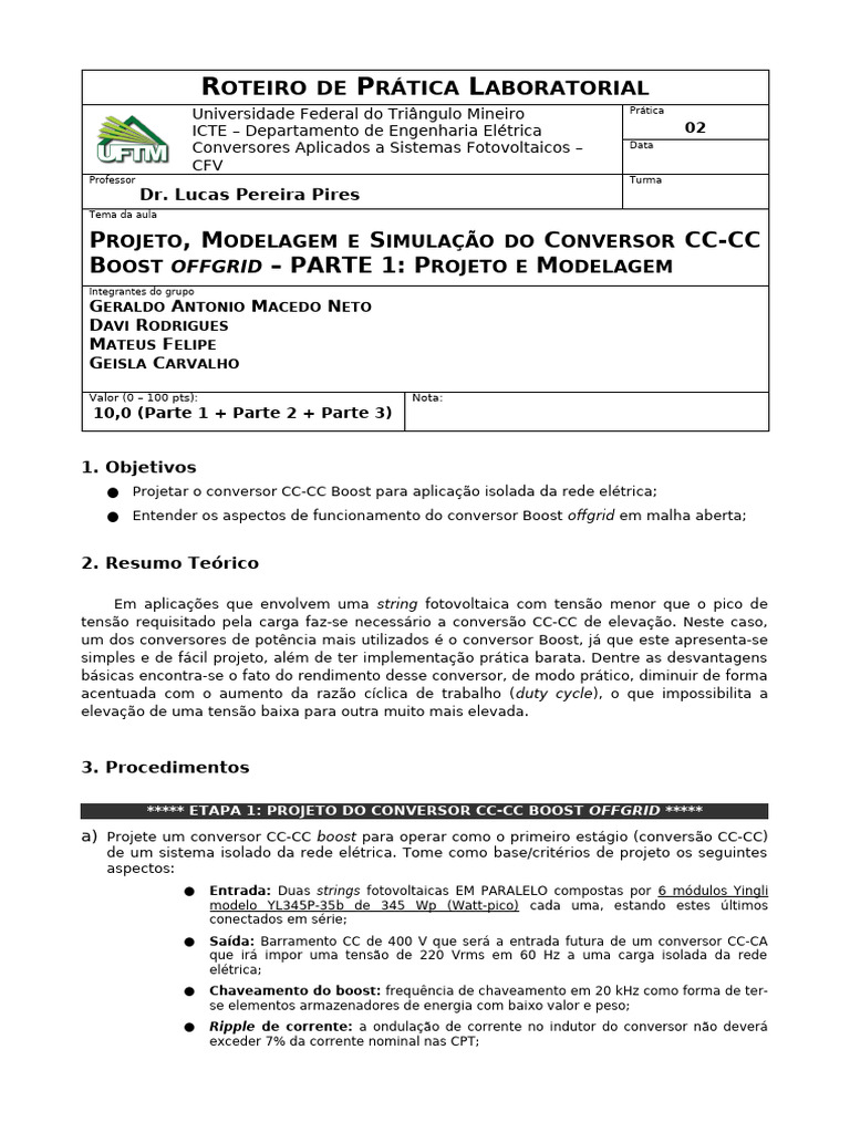 CFV - P2.1 - Projeto e Modelagem Do Boost Offgrid - Octave - 2 | PDF