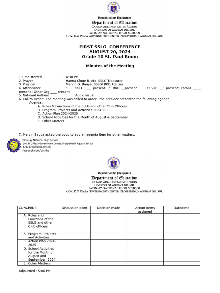 Minutes of The SSLG Meeting Format 2024 | PDF