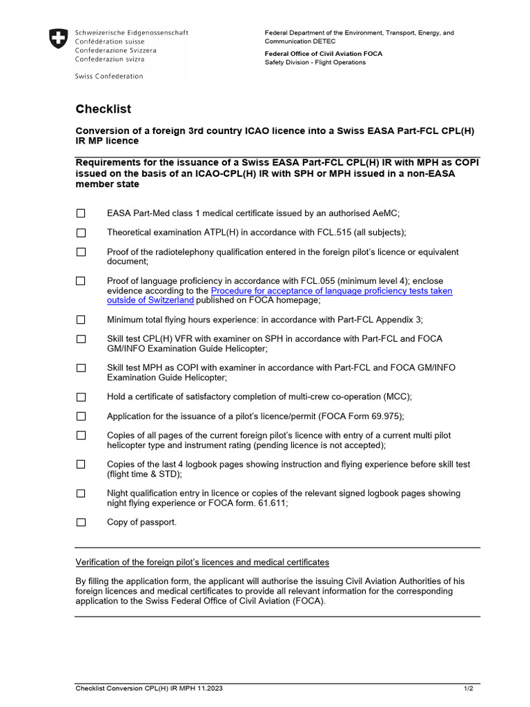 Conversion Swiss EASA Part-FCL CPL (H) MP | PDF | Aviation