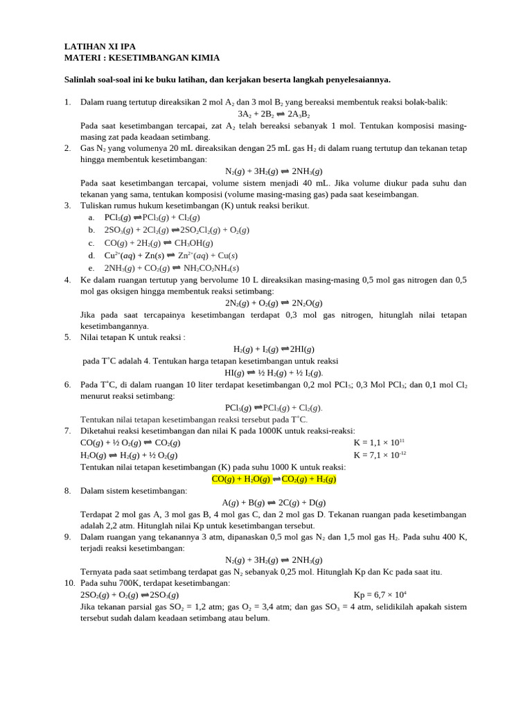 Latihan Kesetimbangan Kimia Xi Ipa | PDF