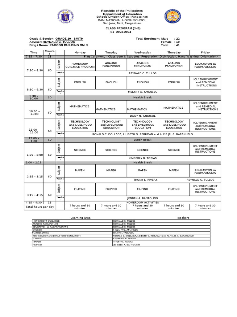 JHS Class Program Grade 10 | PDF