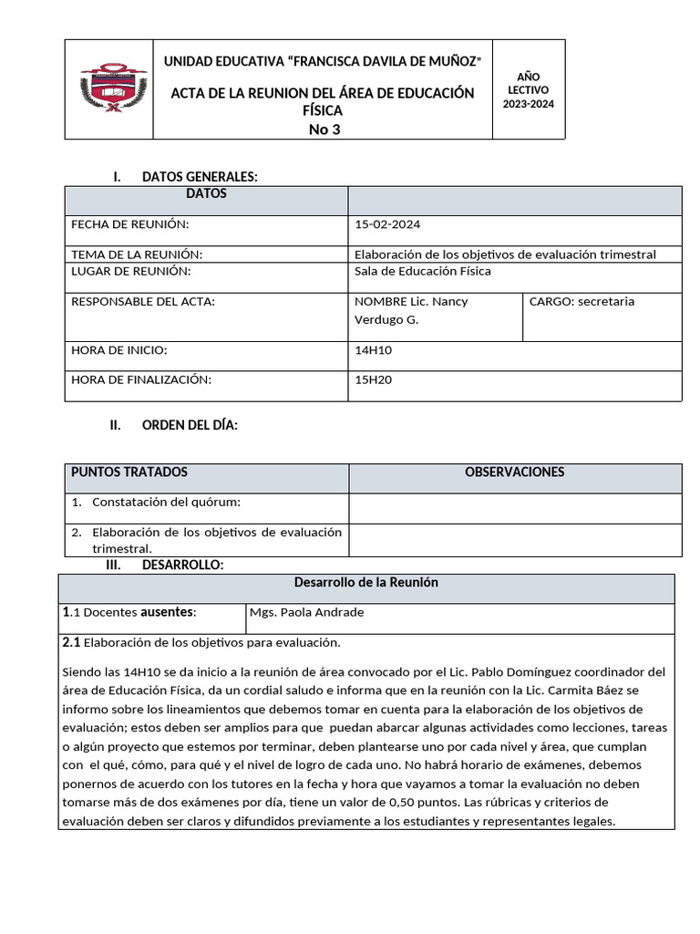 Acta N 3 Junta de Area E. F. | PDF