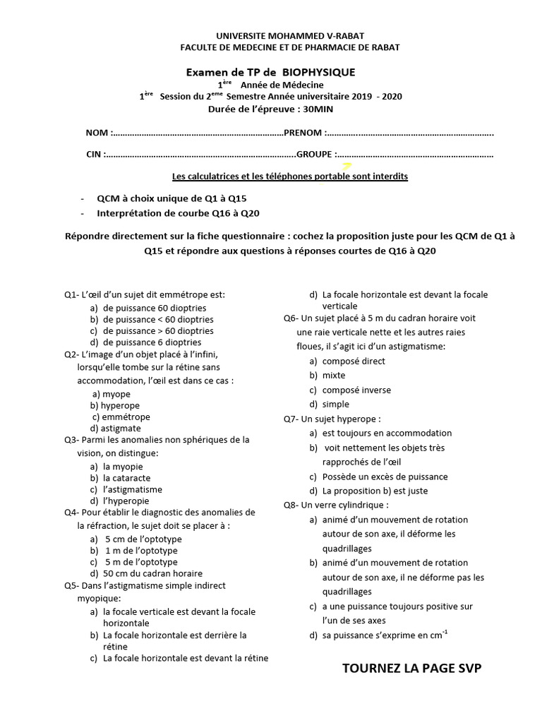 2 QCM Ex TP Biophy S1 FMPR 2019-20 | PDF