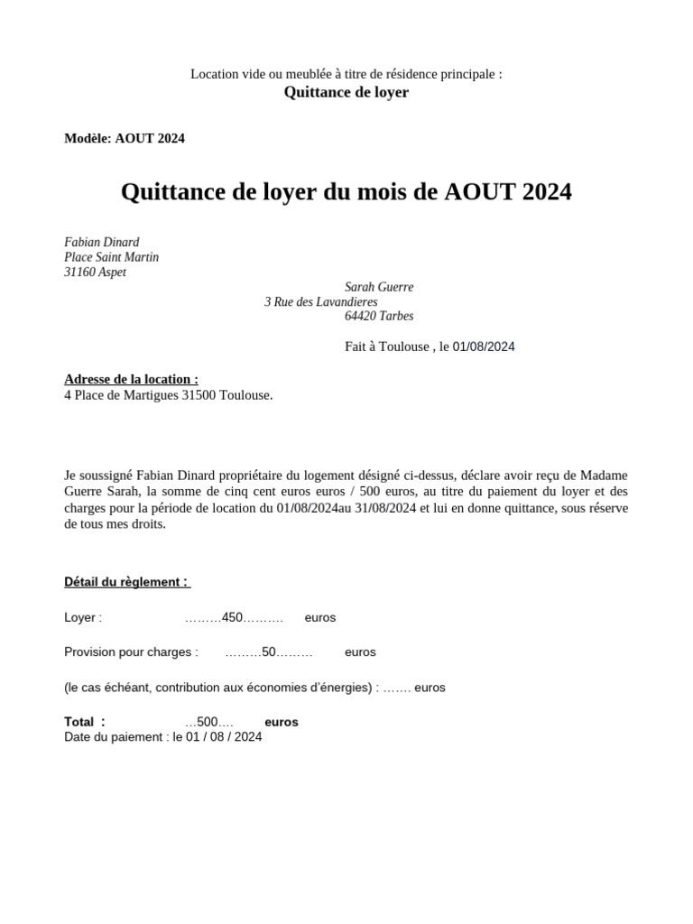 Modele Quittance de Loyer Location Vide Ou Meublee | PDF