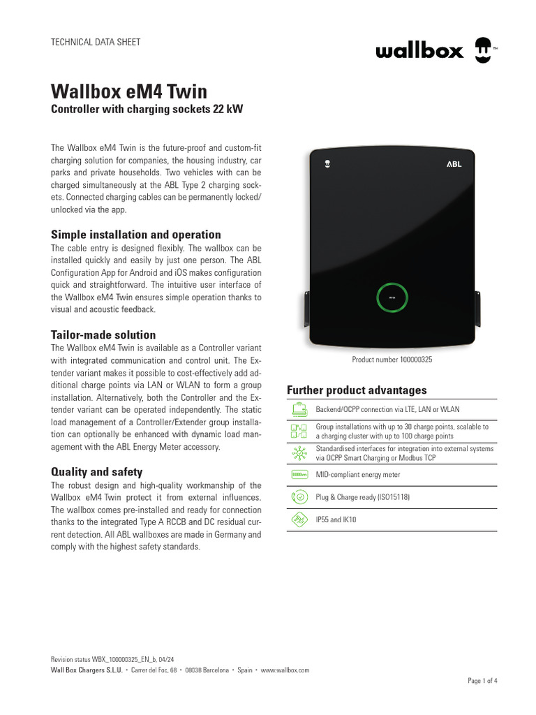 ABL EM4 100000325 en 22kW Twin Socket Controller Standard | PDF